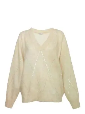 Brunello Cucinelli Sequin-embellished Argyle V-neck Sweater - Neutrals