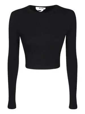 MSGM Cut-out Crewneck Cropped T-shirt - Black