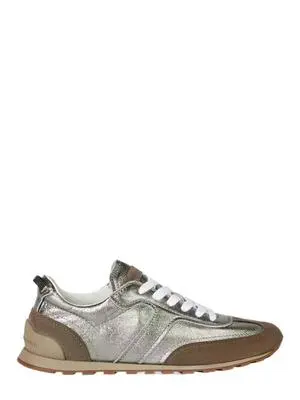 Brunello Cucinelli Lamé Calfskin And Suede Runners With Shiny Loop - Silver