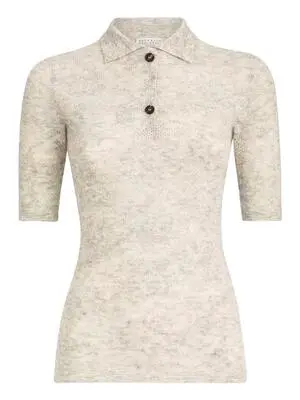 Brunello Cucinelli Silk, Alpaca, And Wool Flower-lace Knit Polo - Neutrals