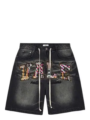 VALE FOREVER What The Jorts" Embellished Denim Shorts - Black