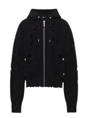THUG CLUB Destroyed Knit Zip-up Hoodie - Black
