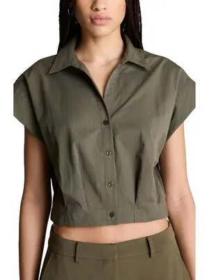 KENNETH COLE Cotton Blend Cropped Button-up Shirt - Turtle Green