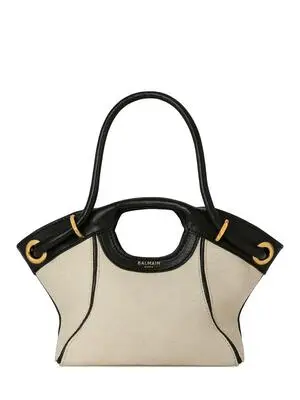 Balmain Small Tote In Smooth Leather And Canvas - Beige