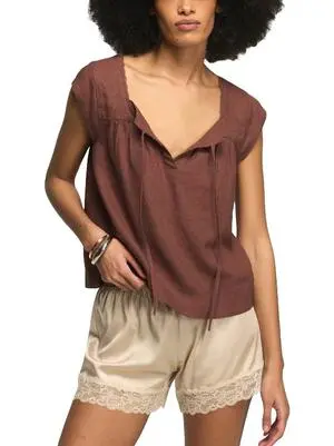 Lucky Brand Lace Trim Tie Neck Linen Blend Top - Marron