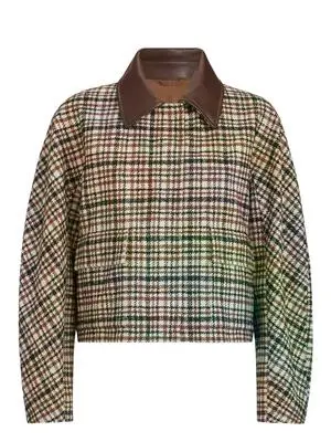 Brunello Cucinelli Checked Wool And Alpaca Jacket With Leather Collar And Monili - Neutrals