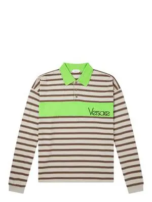 Versace Polo Striped Cotton Jersey Polo Shirt - Neutrals