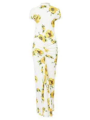 Alaïa Draped Printed Stretch-jersey Maxi Dress - Blanc/jaune