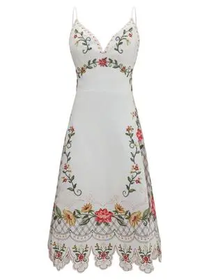 Farm Rio Embroidered Asymmetrical Hem Midi Dress - Multicolour