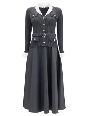 SELF-PORTRAIT Knit And Twill Midi Dress With Pearl Embellished Belt - Grey