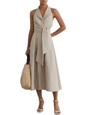 REISS Tara Sleeveless Linen Midi Dress - Neutral