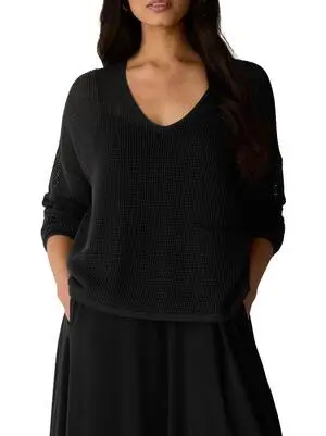 Eileen Fisher V-neck Open Knit Sweater - Black