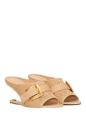 Balmain Anthem No Wedge Mules In Smooth Leather And Raffia - Beige