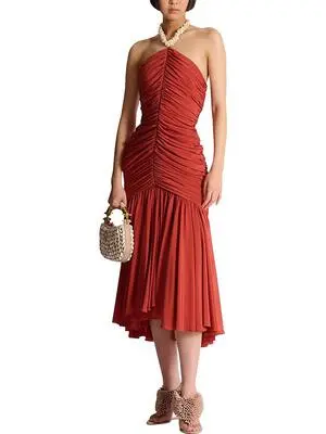 Balmain Halterneck Ruched Midi Dress - Red