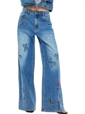 Desigual Floral Embroidered Butterfly Appliqué Wide Leg Jeans - Medium Blue