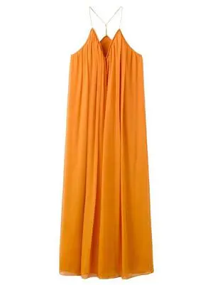 Mango Flowy Chiffon Maxi Dress With Deep V-neck And Strappy Racerback - Orange