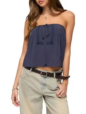 EDIKTED Joycee Strapless Top With Lacy Trim And Pintucks - Navy