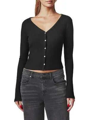 FLORENCE BY MILLS Ribbed Cropped Henley Cardigan - Black