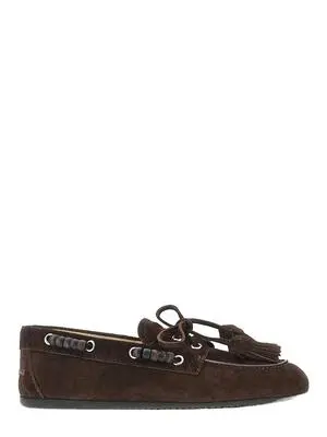 Miu Miu Suede Leather Deck Loafers With Tassels And Wooden Beads - Brown