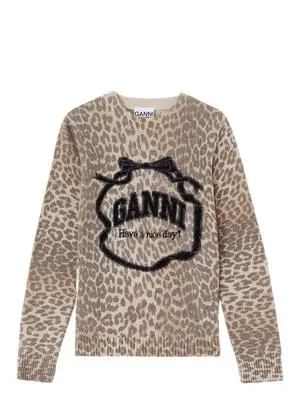 GANNI Leopard Print Graphic Knit Sweater - Beige