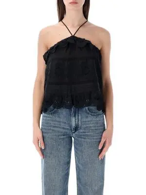 MARANT ETOILE Eyelet Embroidered Halterneck Ruffle Top - Black