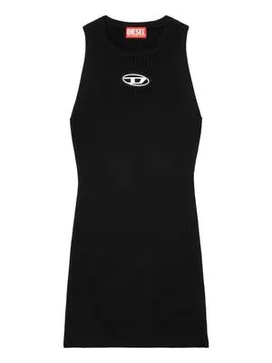 DIESEL® Ribbed Knit Crewneck Dress With Logo Plaque - Black