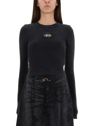 DIESEL® Ribbed Long Sleeve T-shirt With Emblem Detail - Black
