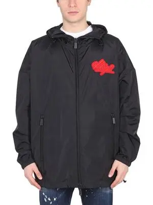 Dsquared2 High Neck Zip-up Hooded Jacket With Logo Patch - Black