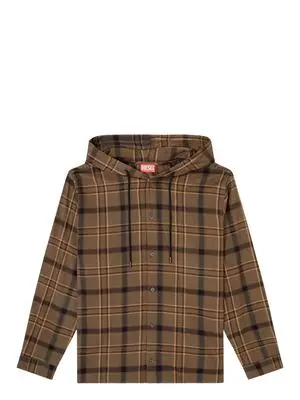 DIESEL® Hooded Shirt With Distressed Logo And Checked Pattern - Brown