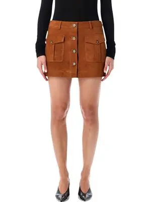 THE GARMENT Elegant Suede Mini Skirt With Decorative Buttons And Pockets - Hazelnut