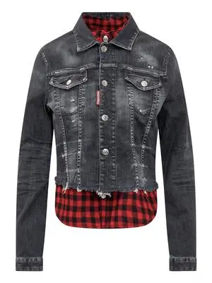 DSQUARED2 DSQUARED2 Distressed Denim Jacket With Plaid Underlay