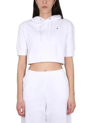 Raf Simons Short-sleeve Cropped Hoodie With Embroidered Logo - White