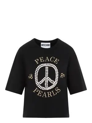 Moschino Cotton T-shirt With Pearl Peace Sign Embellishment - Black