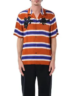 Dries Van Noten Short Sleeve Striped Camp Shirt With Floral Appliqu - Orange