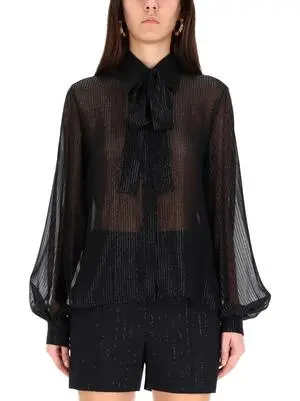 Max Mara Striped Silk Chiffon Shirt With Pussy Bow - Black