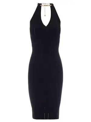 Elisabetta Franchi Ribbed Halterneck Midi Dress With Chain Detail - Nero