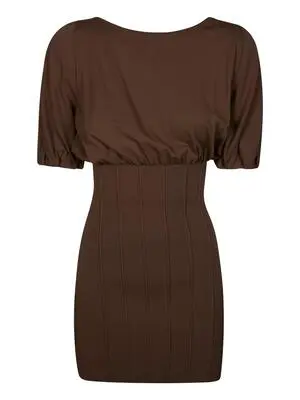 Elisabetta Franchi Fitted Midi Dress With Puff Sleeves - Beige