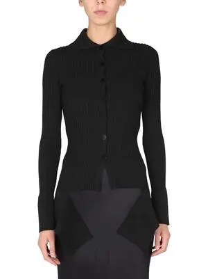 ANDREĀDAMO Ribbed Cardigan With Collared Neckline - Black