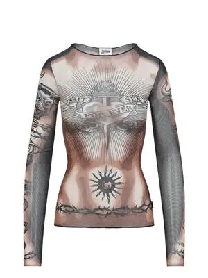 JEAN PAUL GAULTIER Safe Sex" Tattoo Print Mesh Top - Multicolour