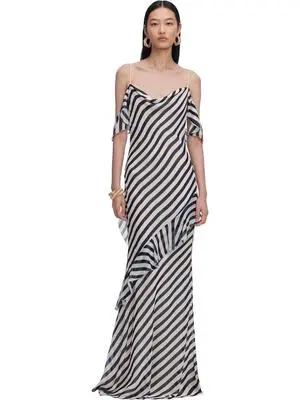 SELF-PORTRAIT Striped Cowl Neck Maxi Dress With Ruffled Detailing - Blue