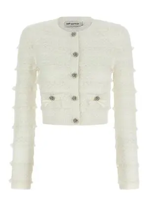 SELF-PORTRAIT Cropped Cardigan With Button Detailing And Bow Embellishments - White