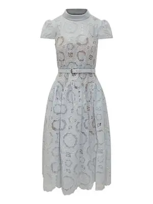 SELF-PORTRAIT Lace Midi Dress With High Neck And Belted Waist - Blue