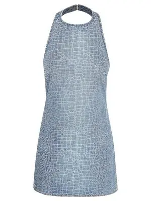 SELF-PORTRAIT Rhinestone Croc-effect Denim Mini Dress - Blu