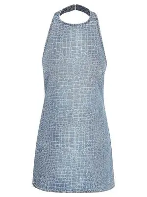 SELF-PORTRAIT Rhinestone Croc-effect Denim Mini Dress - Blu