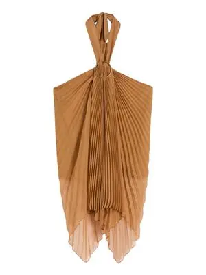 Max Mara Pleated Chiffon Halter Neck Top With Gold Accents - Brown