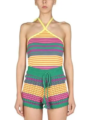GALLO Striped Halter Neck Knit Top And Shorts Set - Multicolour