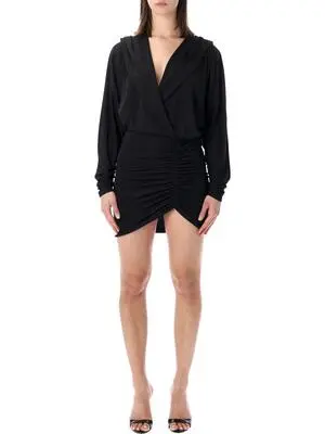 Andamane Long Sleeve Ruched Mini Dress With Hooded Plunge Neckline - Black