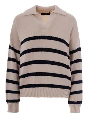 Max Mara Striped Knit Sweater With Collared Neckline - Blu