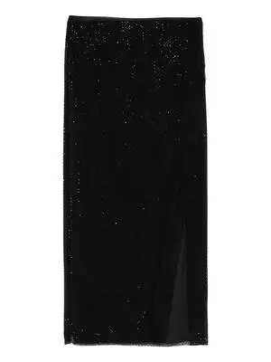 SELF-PORTRAIT Midi Skirt With Rhinestone Embellishments And Slit - Black