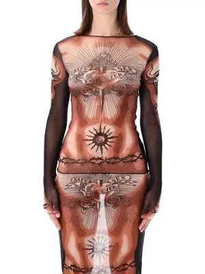 JEAN PAUL GAULTIER Tattoo Print Stretch Tulle Long Sleeve Top - Nude Tatoo